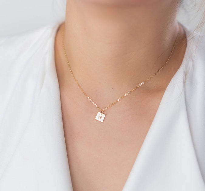 Tiny Initial Necklace, Gold Square Shaped Tag Necklace, Silver or Rose ...